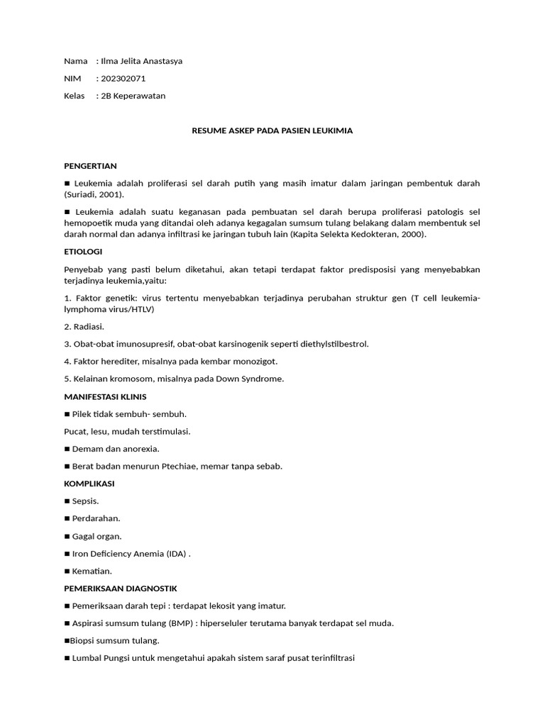 Resume Askep Pada Pasien Leukimia - Ilma Jelita Anastasya - 202302071 | PDF