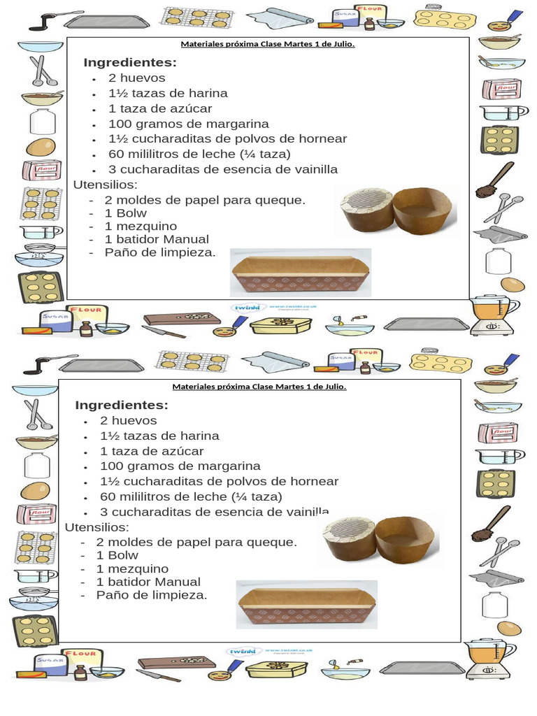 Receta Empanadas y Materiales Queque | PDF