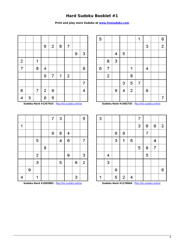 Hard Sudoku Booklet #1 - Hard Sudoku Booklet 1 en 4 | PDF | Logic ...