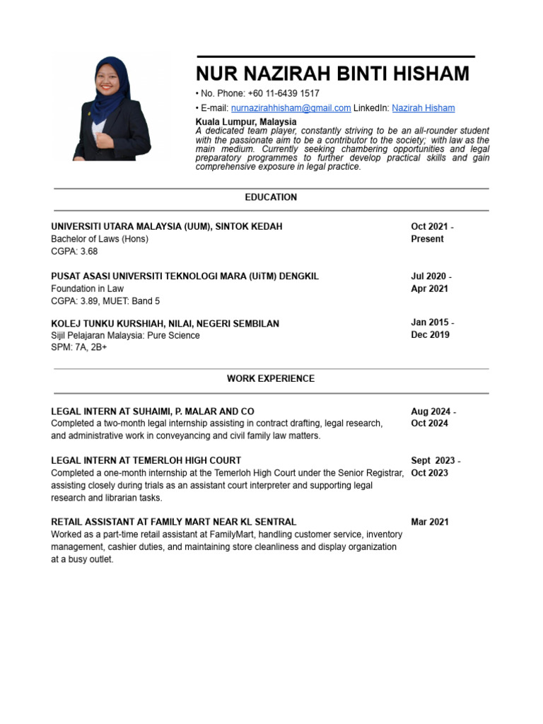 Resume - Nur Nazirah Binti Hisham (287851) | PDF | Malaysia