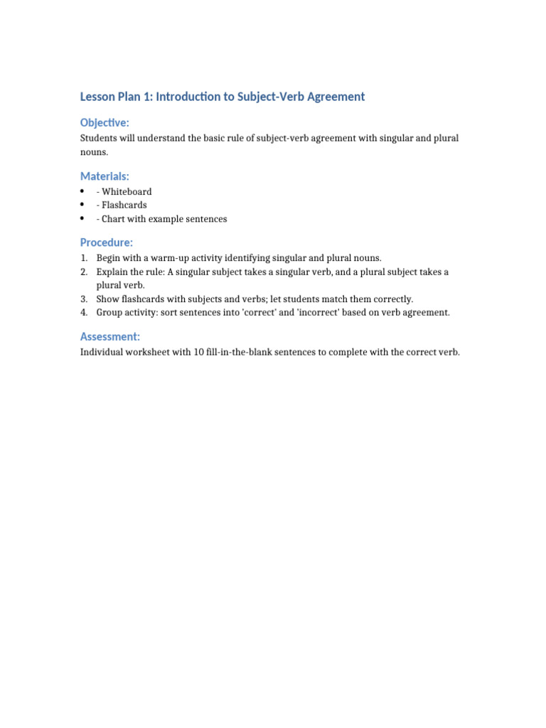 Subject-Verb Agreement Lesson Plan | PDF