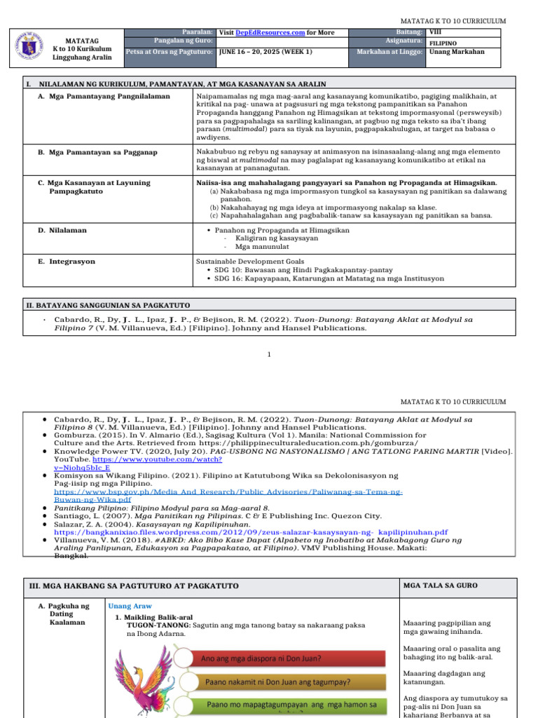 DLL Matatag - Filipino 8 q1 w1 | PDF