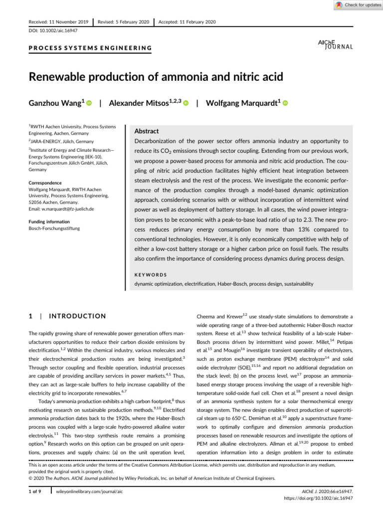 AIChE Journal - 2020 - Wang - Renewable Production of Ammonia and Nitric Acid | PDF | Wind Power ...