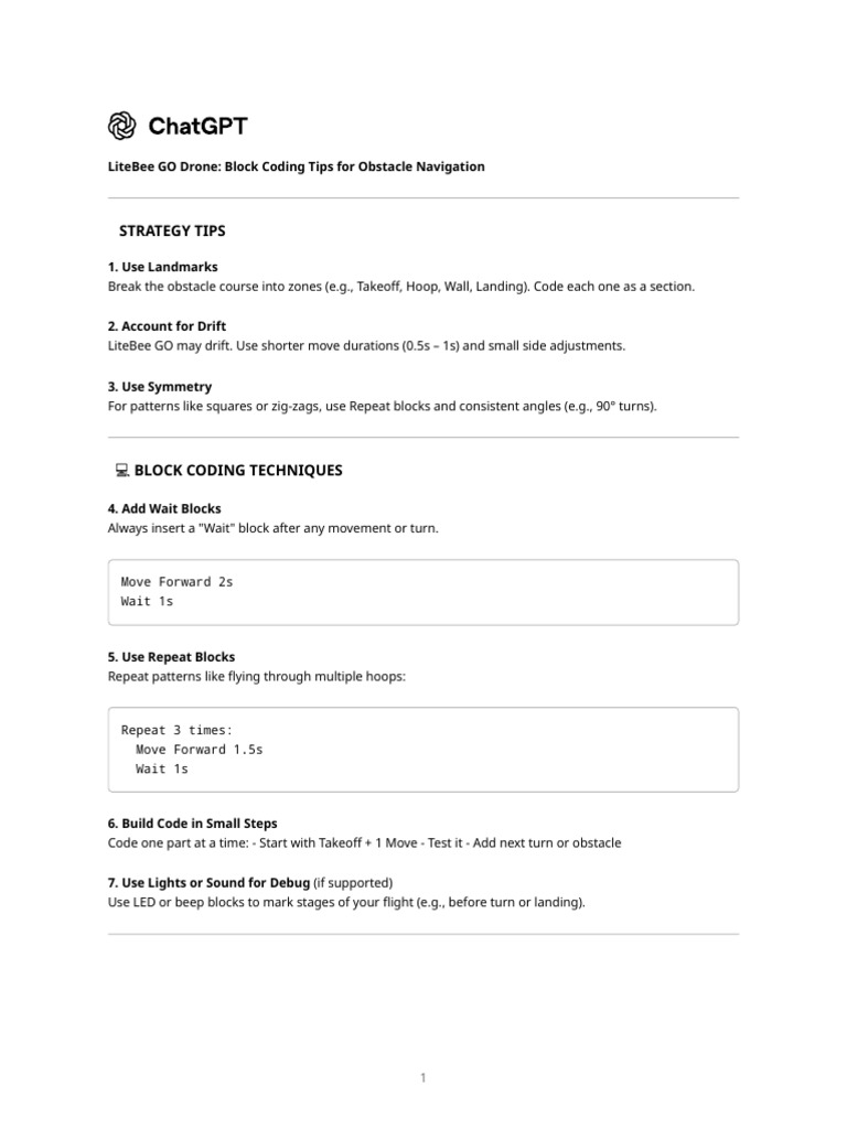 LiteBee GO: Obstacle Course Coding Tips | PDF