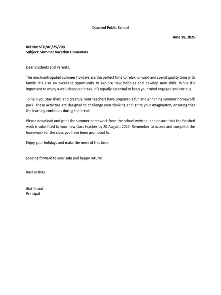 Summer Vacation Homework | PDF