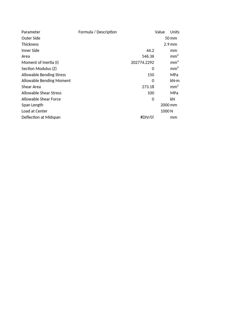 SHS 50x50x2.9 Calculations With Formulas | PDF