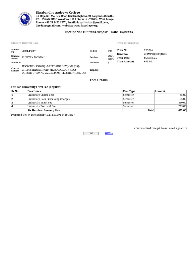 Dinabandhu Andrews College Fee Receipt | PDF