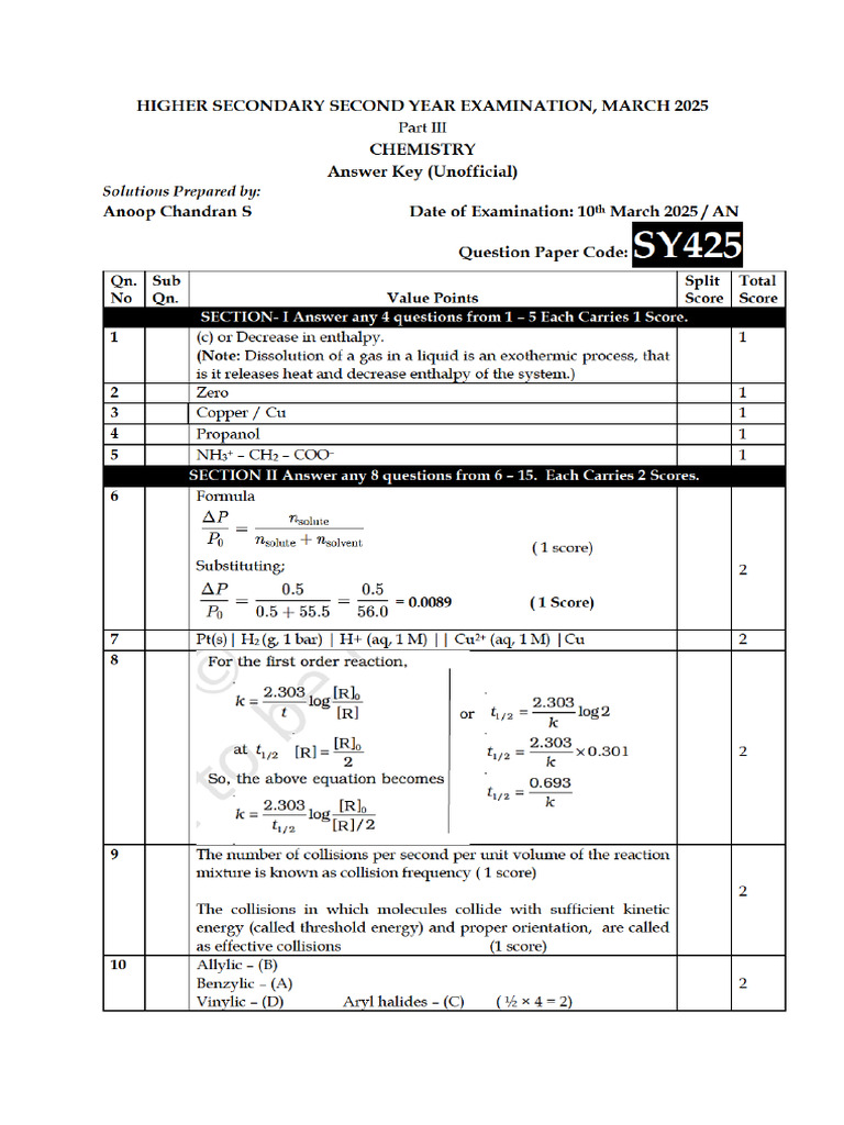 Plus Two Annual Exam 2025 Chemistry Answer Key by Anoop Sir | PDF ...