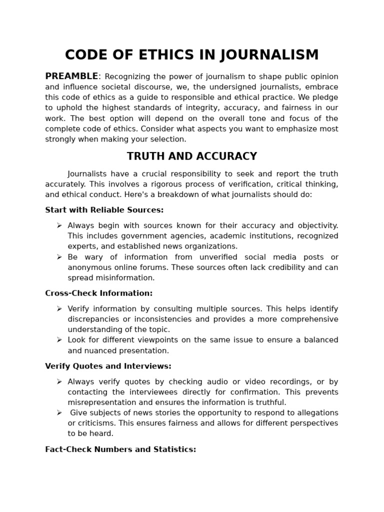 Code of Ethics in Journalism | PDF | Journalism | Credibility