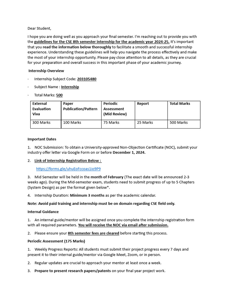 Guidelines For The CSE 8th Semester Internship For The Academic Year 2024-25. | PDF | Internship ...
