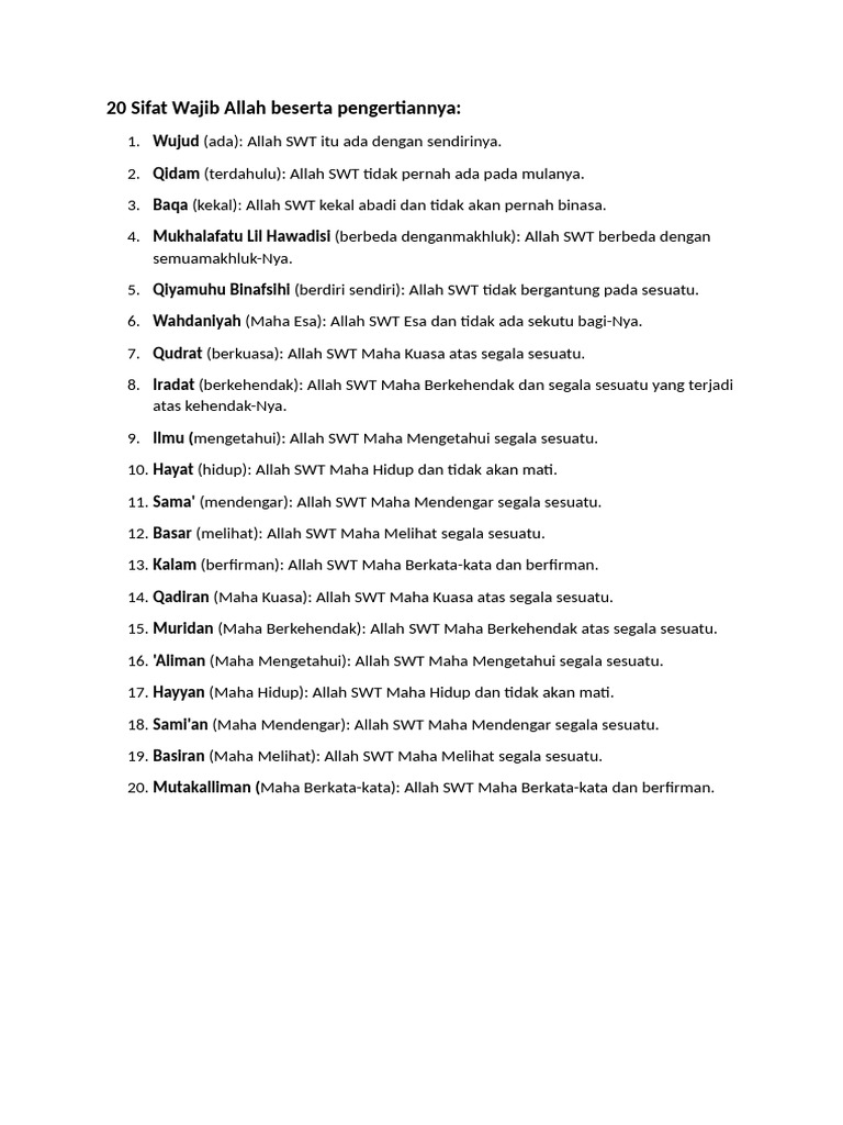 20 Sifat Wajib Allah dan Penjelasannya | PDF