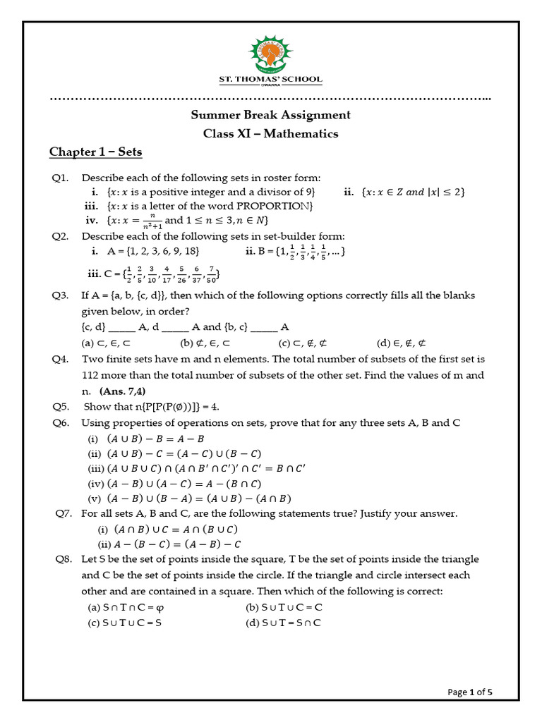 Class XI - Summer Break Assignment | PDF | Function (Mathematics ...