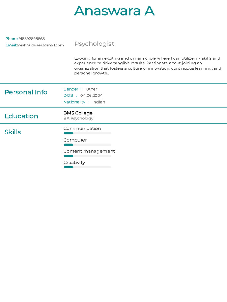 Anaswara A Resume 419 | PDF