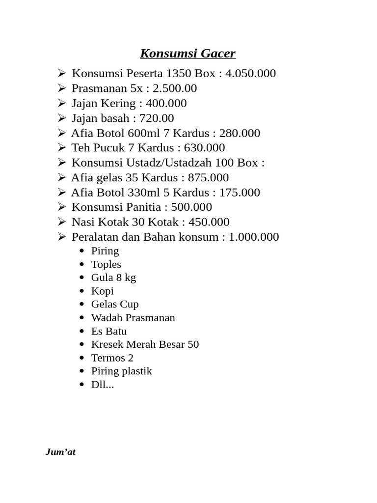 Rincian Konsumsi Teh Pucuk Gacer | PDF
