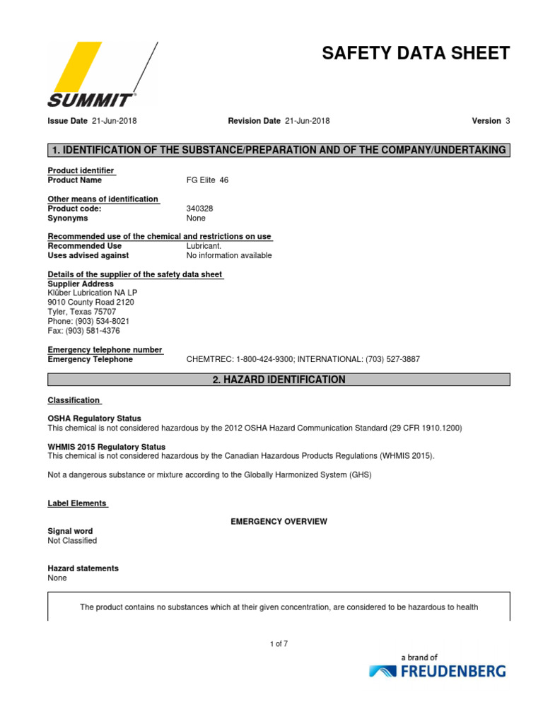 FG Elite 46 Safety Data Sheet | PDF | Working Conditions | Safety