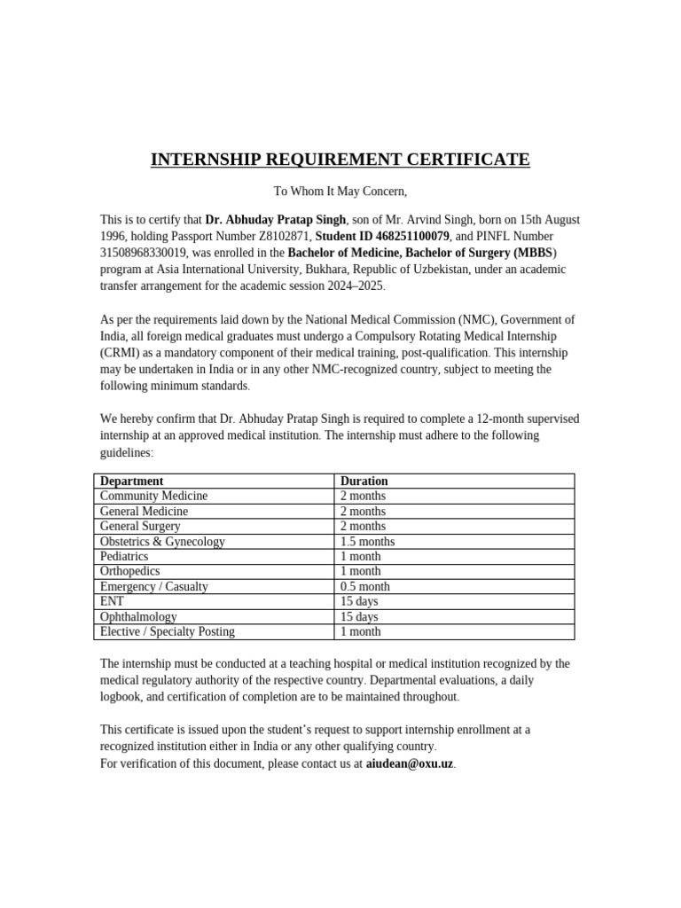 Internship Requirement Certificate Abhuday Singh | PDF