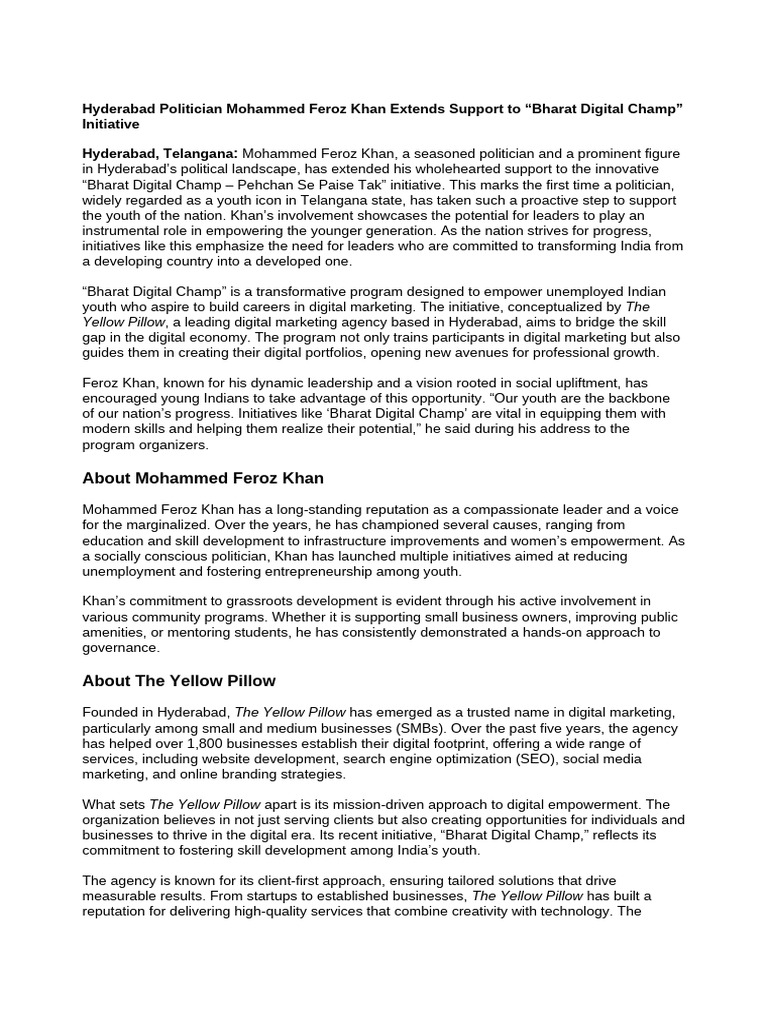 Hyderabad Politician Mohammed Feroz Khan Extends Support To "Bharat Digital Champ" Initiative | PDF