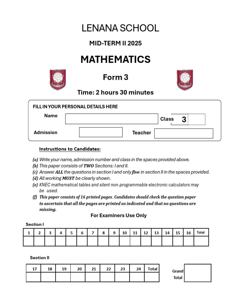 Math Form 3 Term II 2025 Midterm Exams | PDF | Circle | Elementary Geometry
