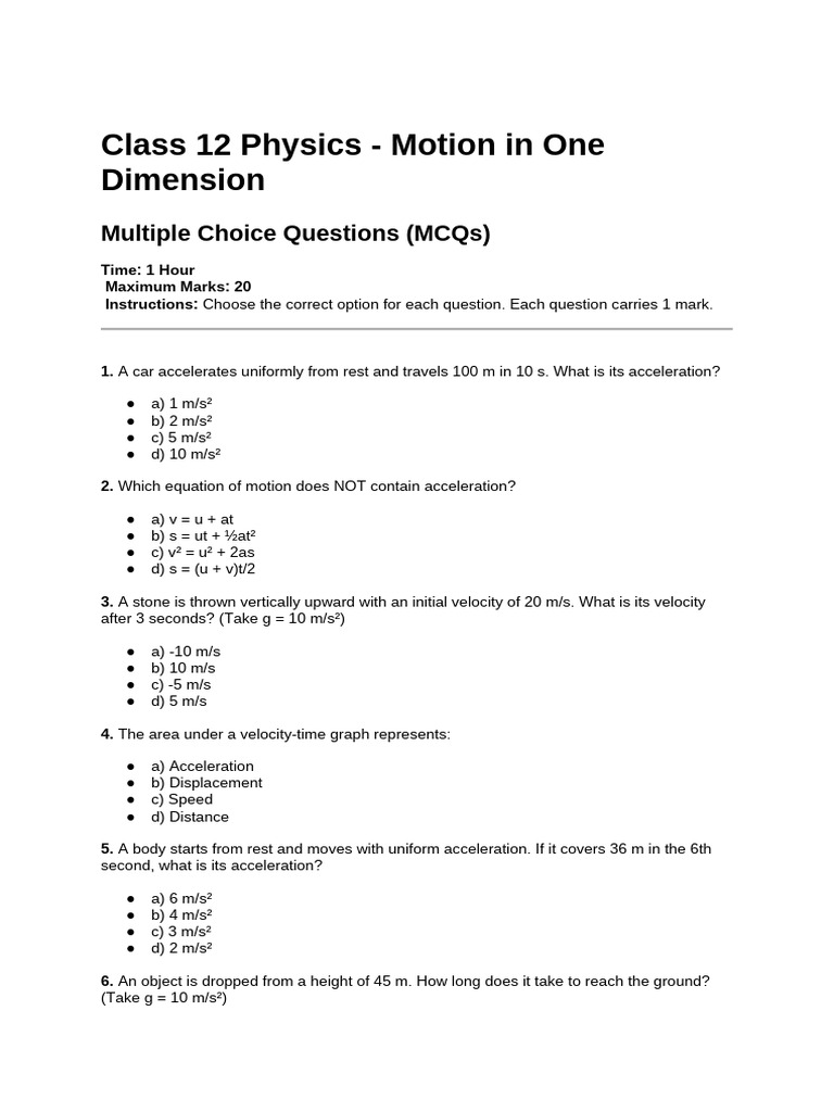 Class 12 Physics - Motion in One Dimension | PDF | Acceleration | Velocity