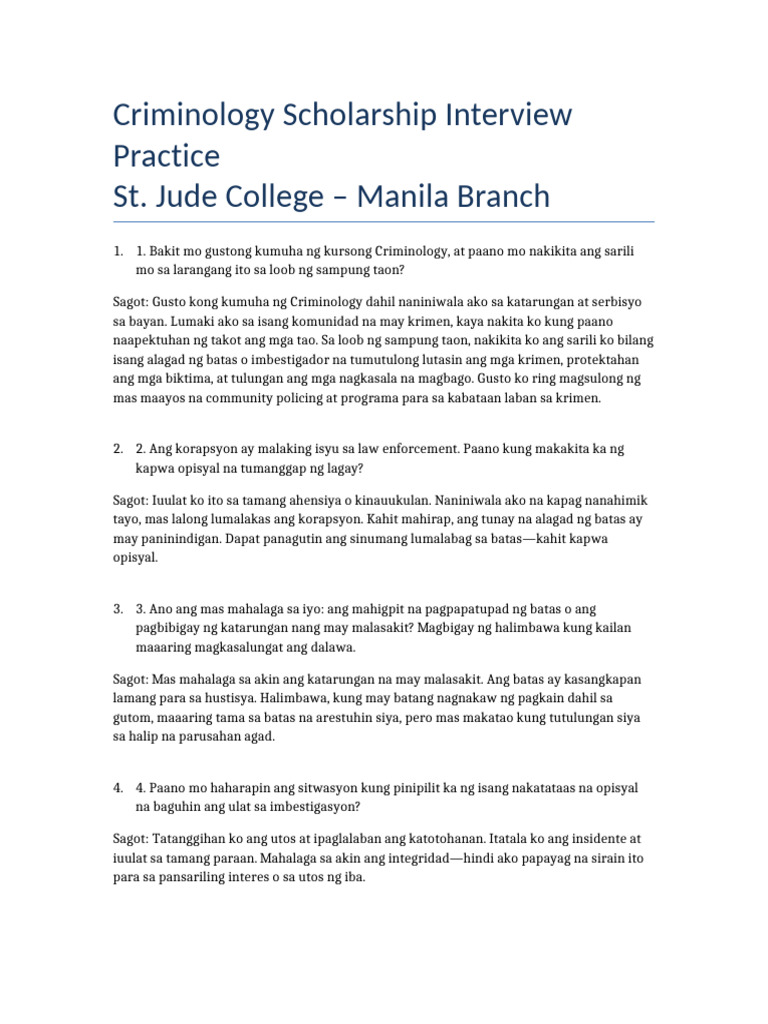 Criminology Scholarship Interview Part2 StJude (Tagalog) | PDF