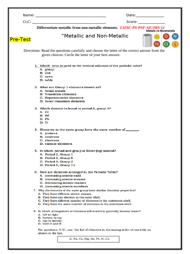 LS2 Science Worksheets JHS Metallic and Non Metallic Elements | PDF ...
