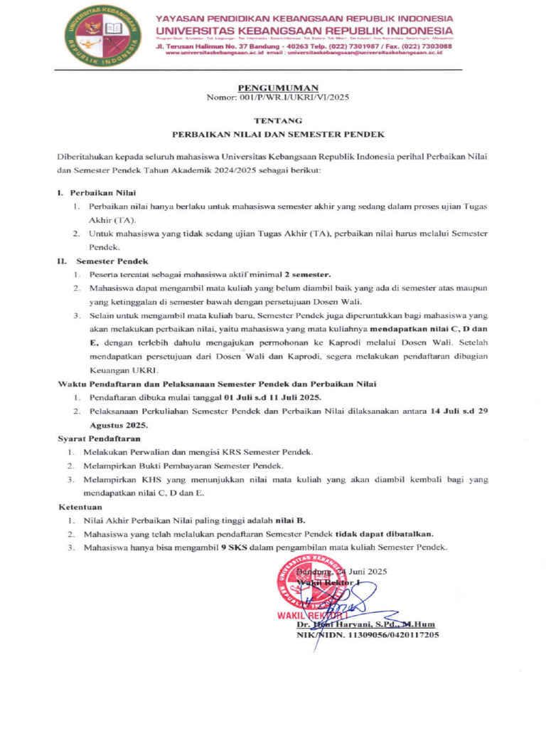 Pengumuman Perbaikan Nilai Dan Semester Pendek 2025 | PDF