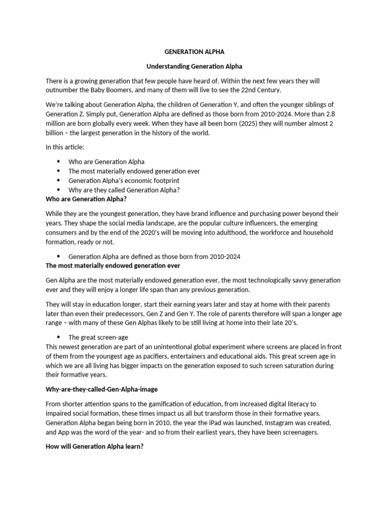 Understanding Generation Alpha (2010-2024) | PDF | Millennials ...
