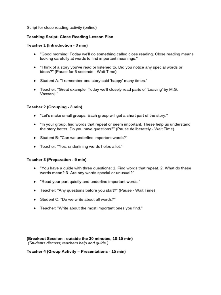 Close Reading Lesson Plan for "Leaving" | PDF