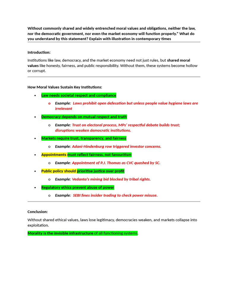 Without Commonly Shared and Widely Entrenched Moral Values and ...