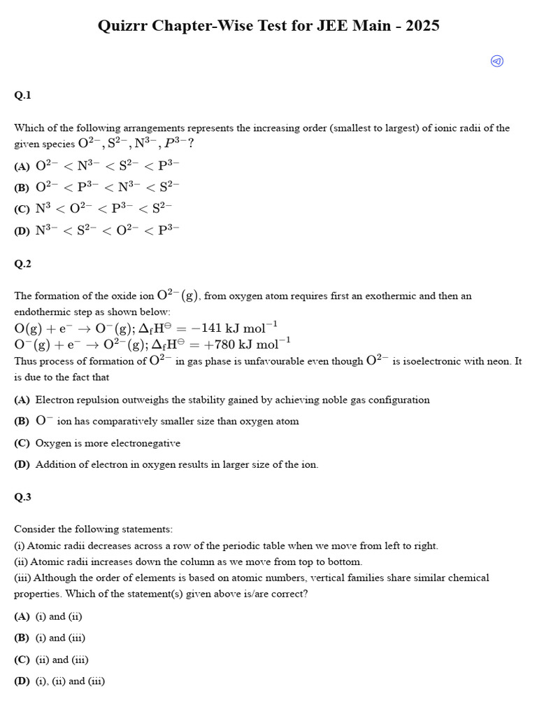 Classification of Elements and Periodicity in Properties - Test 3 | PDF ...