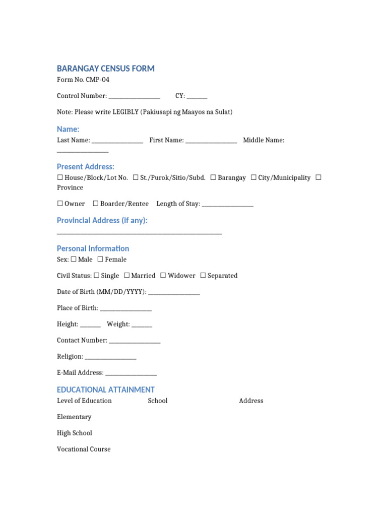 Barangay Census Form CMP-04 | PDF