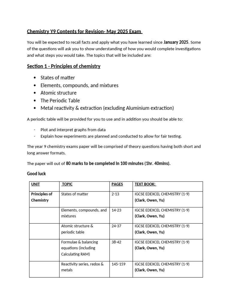 Y9 Chemistry Revision Guide 2025 | PDF