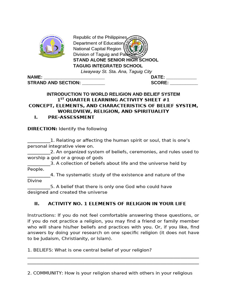 1st Quarter Intro To World Religion - Learning Activity Sheet #1 | PDF ...