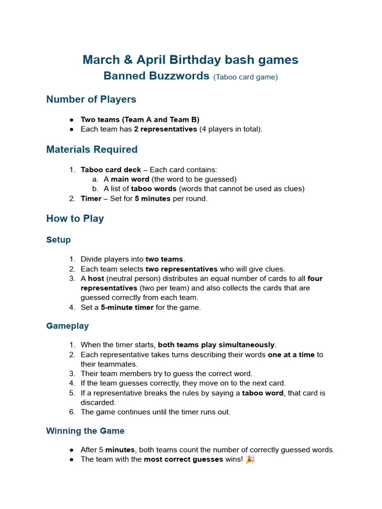 March & April Birthday Bash Games | PDF