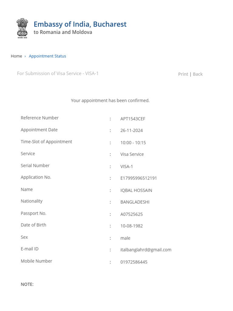 Embassy of India, Bucharest, Romania - Appointment Status | PDF