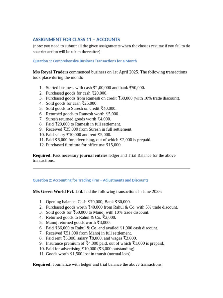 Assignment Class11 Accounts JournalEntries | PDF | Economies | Business