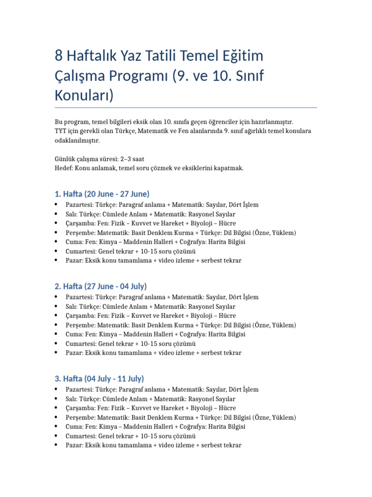 Yaz Temel Egitim Calisma Plani | PDF