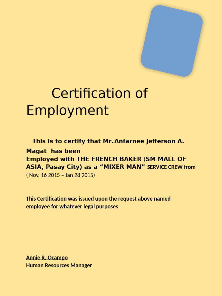 Certification of Employment French Baker | PDF