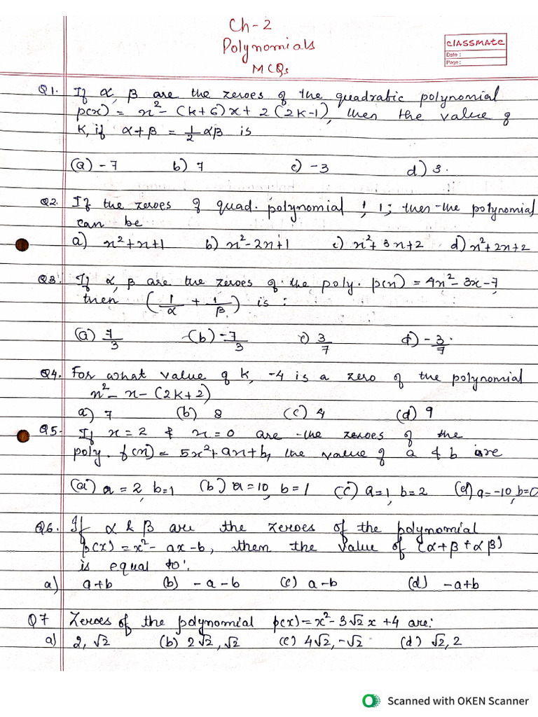 Ch-2 Polynomial (Practice Questions) | PDF