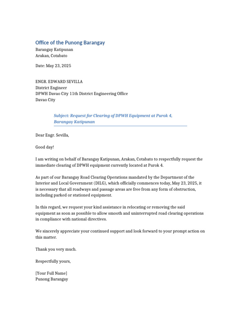 Request for DPWH Equipment Clearing | PDF