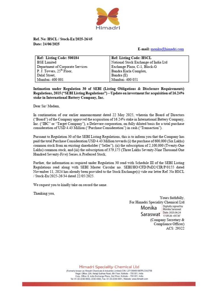 Digitally Signed by Monika Saraswat Date: 2025.06.24 17:09:26 +05'30' | PDF | Stock Exchange ...