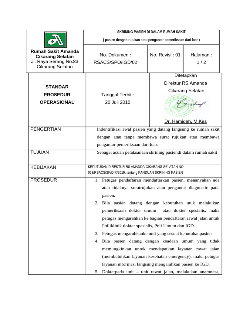 Prosedur Skrining Pasien RS Amanda | PDF