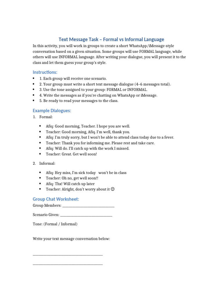 Formal Vs Informal Text Message Task | PDF