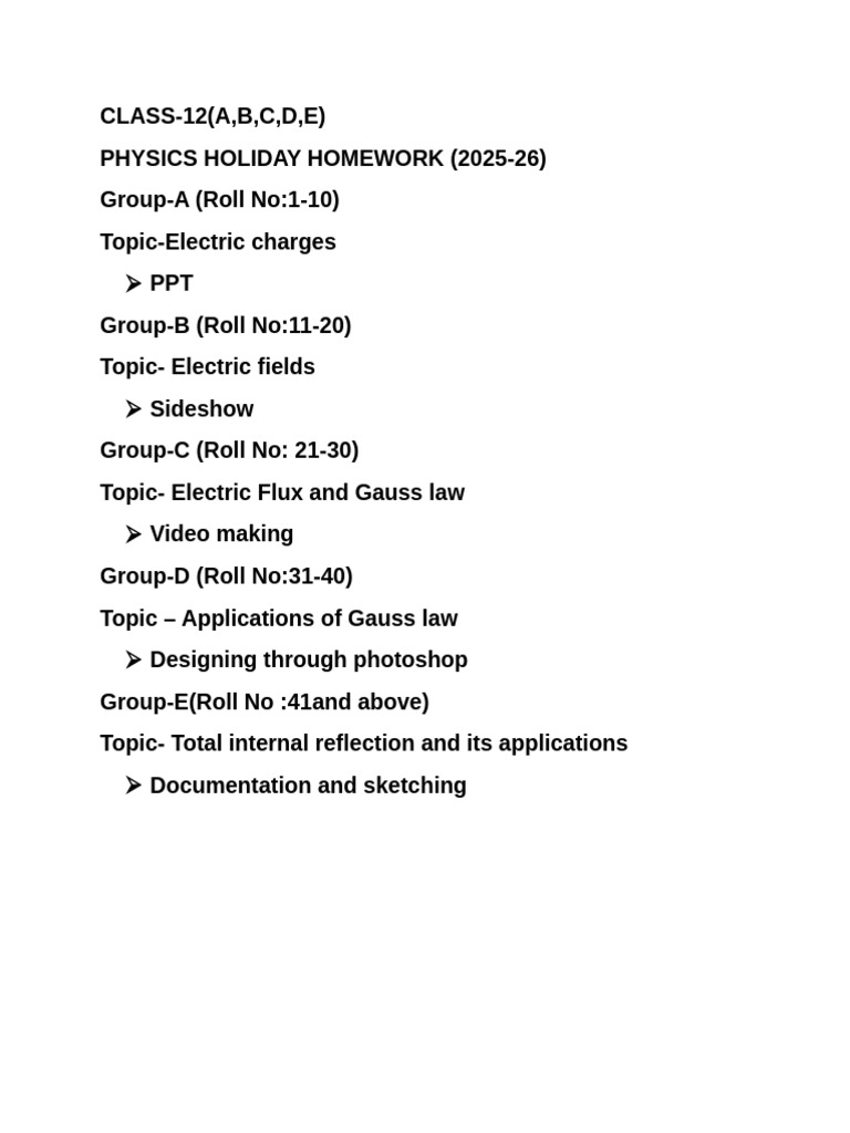 Physics Holiday Homework Class 12 | PDF