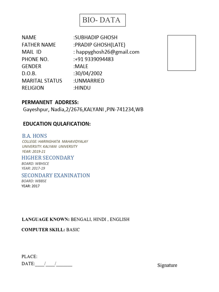 Subhadip Ghosh Bio Data and Education | PDF