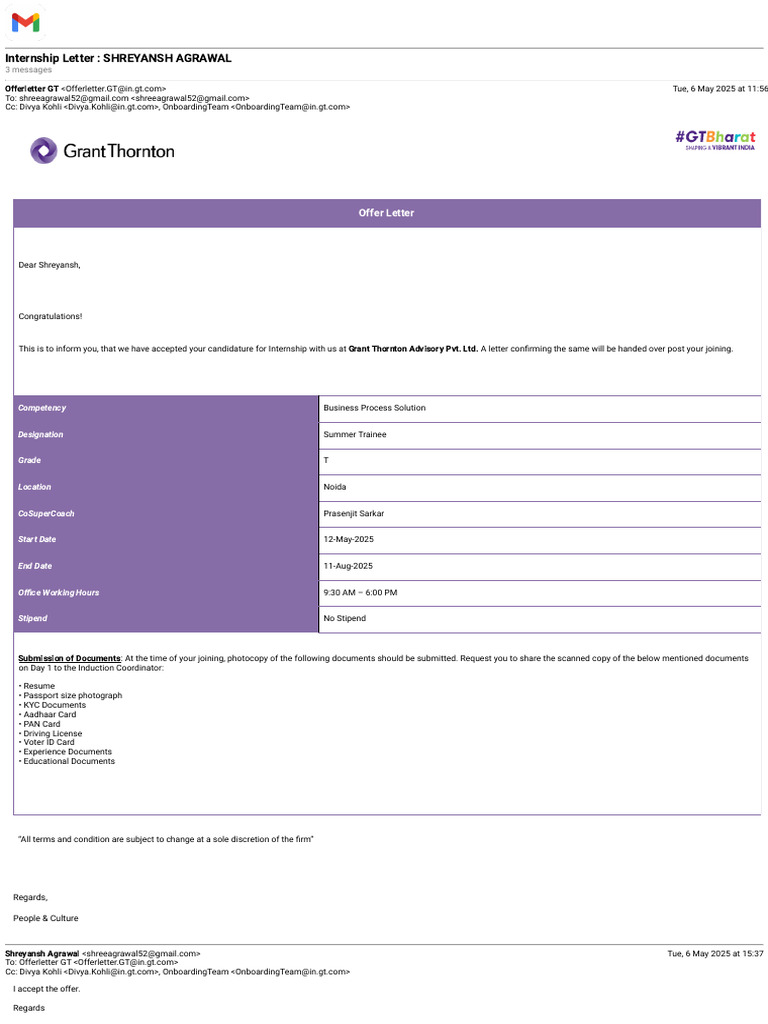 Gmail - Internship Letter - Shreyansh Agrawal | PDF | Authentication ...