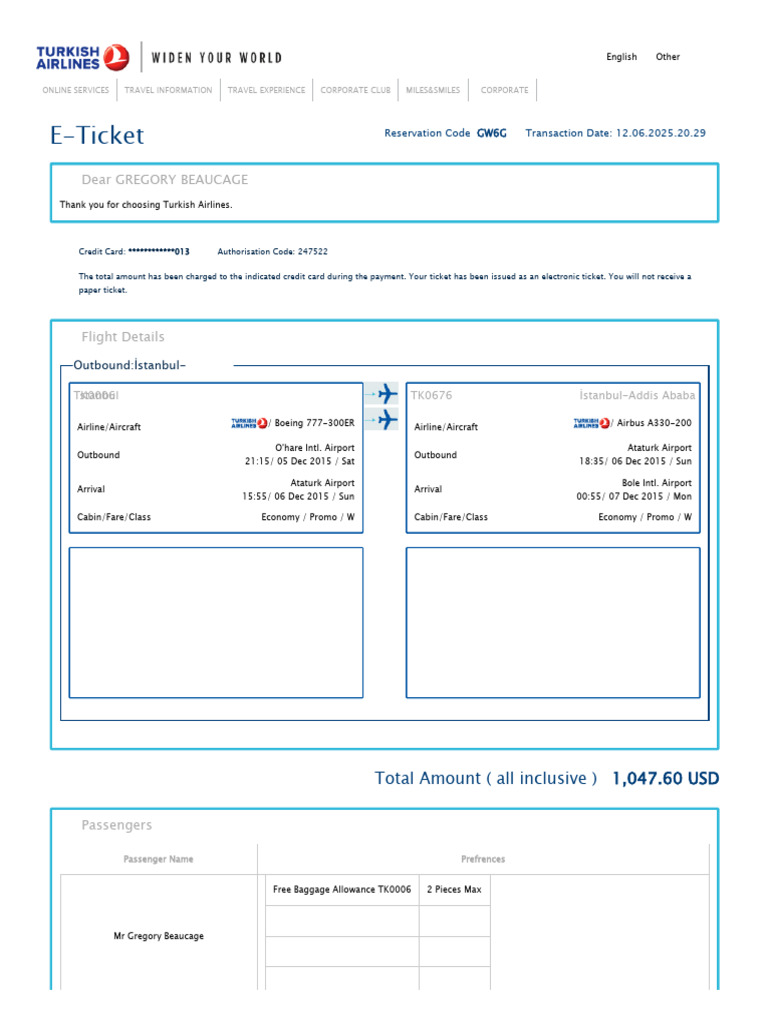 Turkish Airlines E-Ticket for Gregory Beaucage | PDF | Airlines | Aircraft