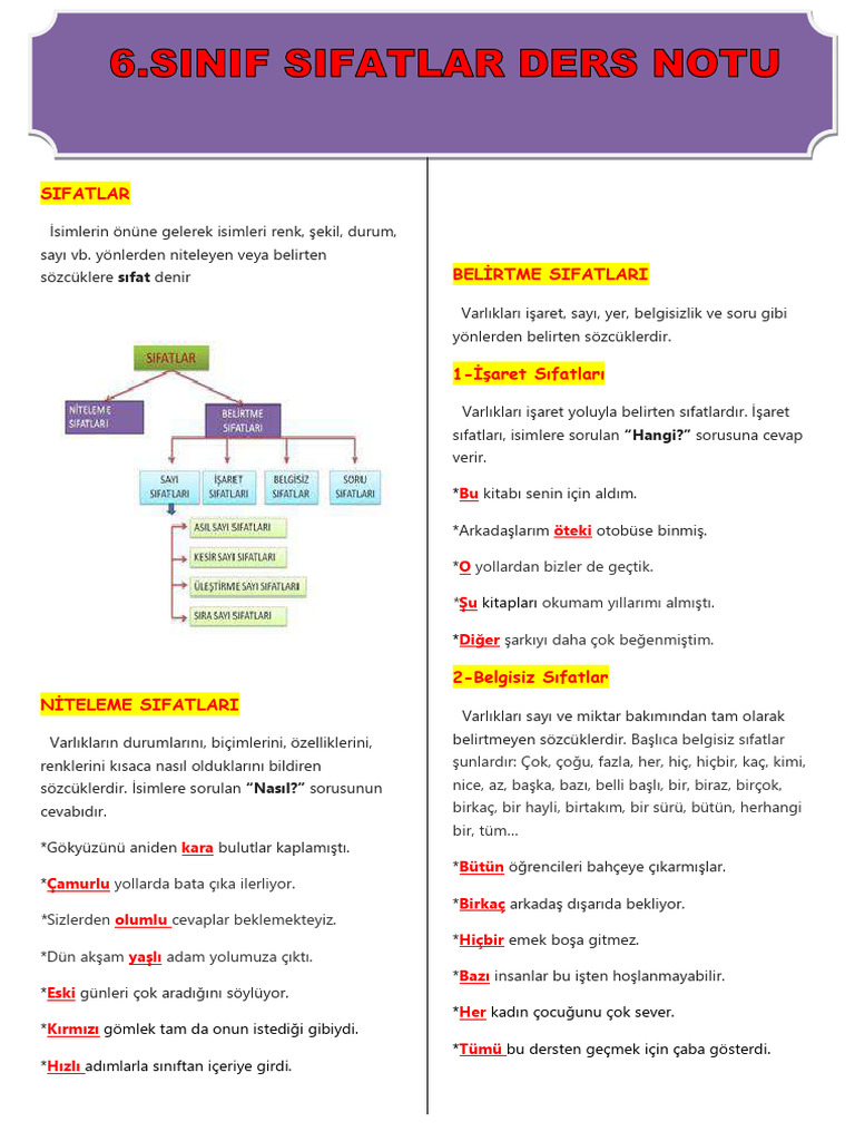 6.Sinif-Turkce-Sifatlar-Ders-Notlari - 2 | PDF