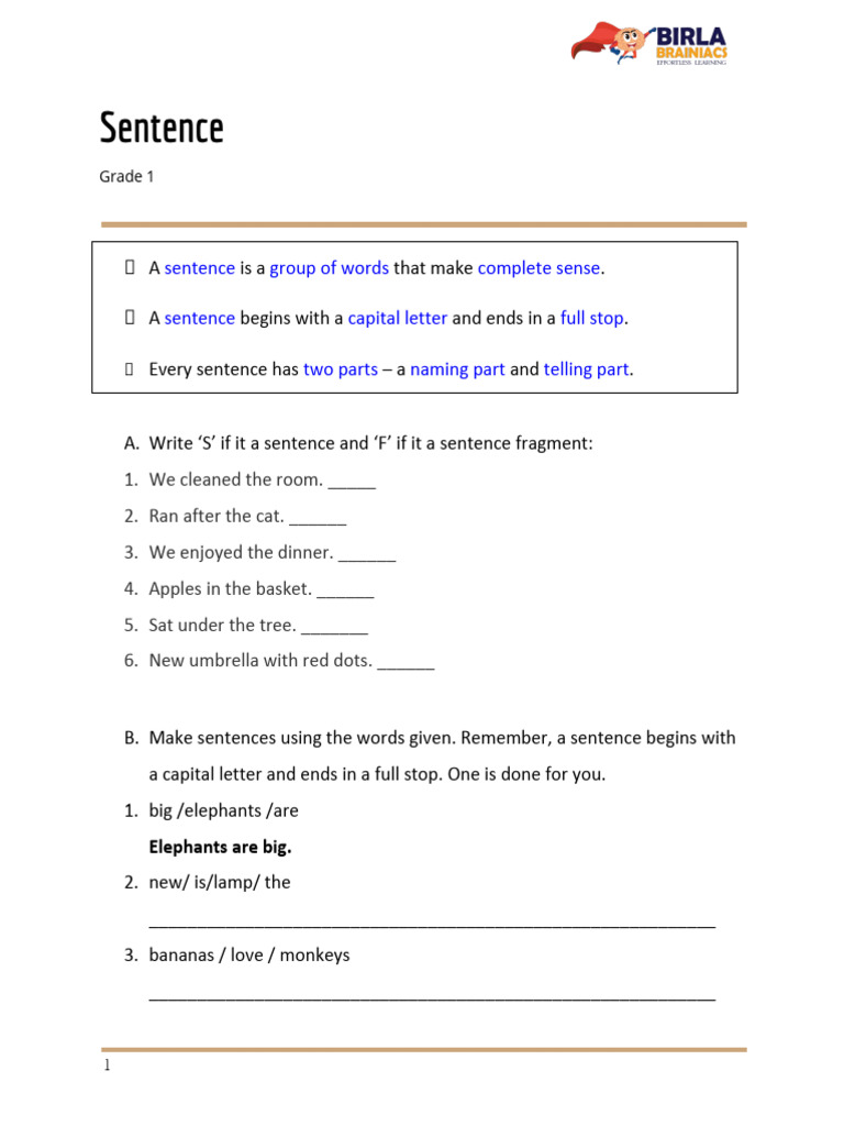 Understanding Sentences for Grade 1 | PDF