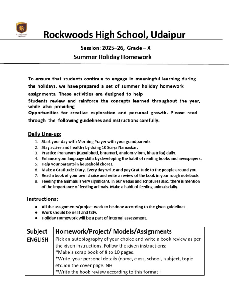 Grade 10 Summer Holiday Homework | PDF | Homework